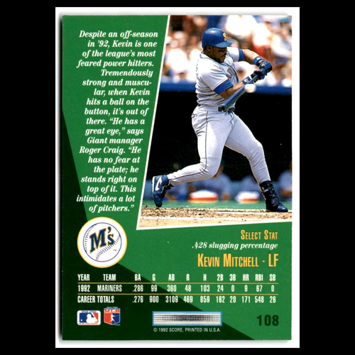 Kevin Mitchell #108 1993 Select Seattle Mariners Baseball Card MLB NM ...