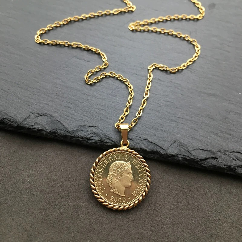 Retro Swiss Guardian Coin Pendant Vintage Gold Portrait Coin Necklace ...