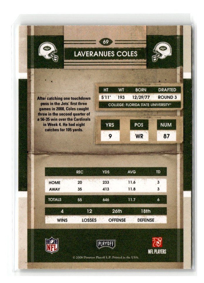 2008-Playoff Contenders -#69-Laveranues Coles -New York Jets | eBay
