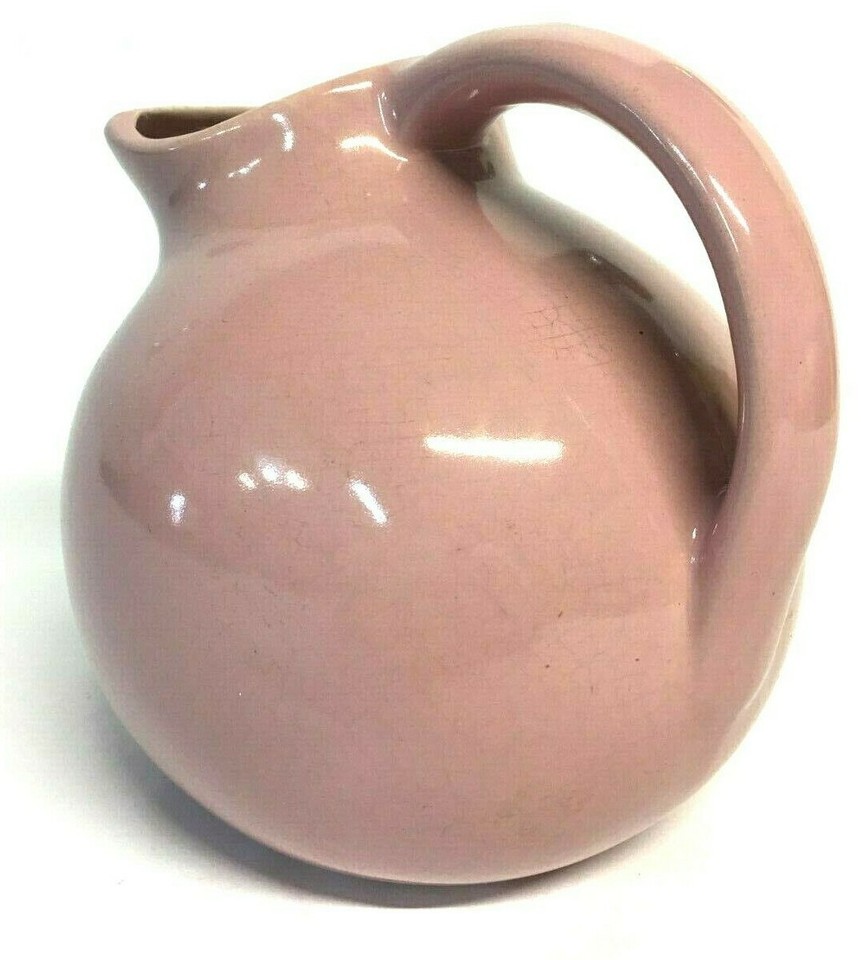 Vtg Light Pink Ceramic Pitcher Ball Round Jug Watering Can Art Mod Deco ...