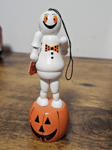 VTG Halloween Wooden Finger Push Puppet Dancing Pumpkin Ghost ...