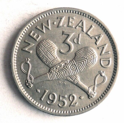 1952 NEW ZEALAND 3 PENCE - Excellent Coin - FREE SHIP - Zealand 3p Bin ...