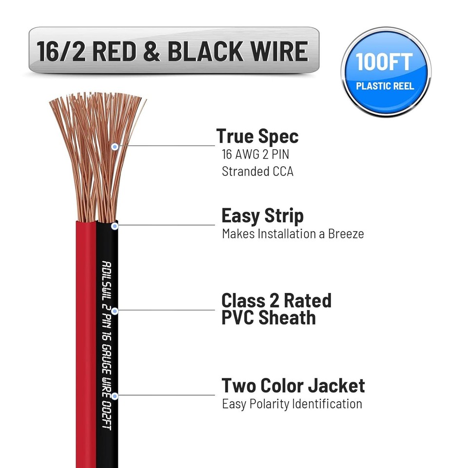 Speaker Wire Cable 16 Gauge 100FT 16/2 AWG CCA Red Black 16AWG | eBay