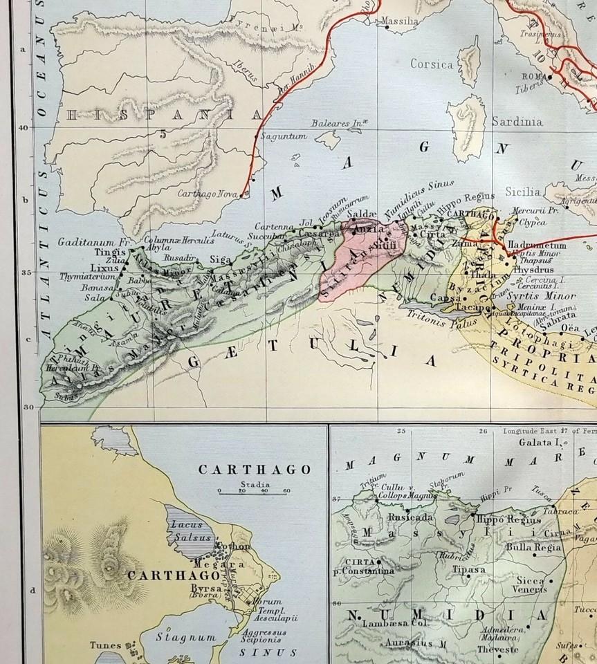 1885 ANCIENT & CLASSICAL MAP AFRICA NUMIDIA BYZACIUM CARTHAGO ...