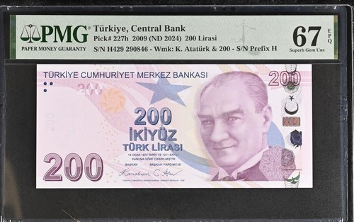 Turkey 200 Lirasi 2009 ND 2024 P 227 Prefix H Superb Gem UNC PMG 67 EPQ ...