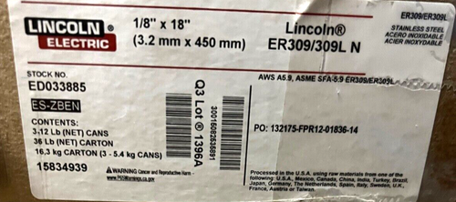 Lincoln Electric ER309 1/8” X 18” Stainless Welding Rod ER309L ED033885 ...