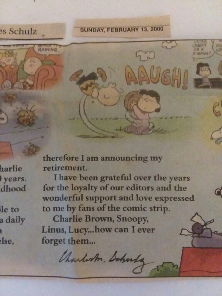 Charles Schulz Last Peanuts Comic Strip Feb. 13, 2000, Snoopy Charlie ...