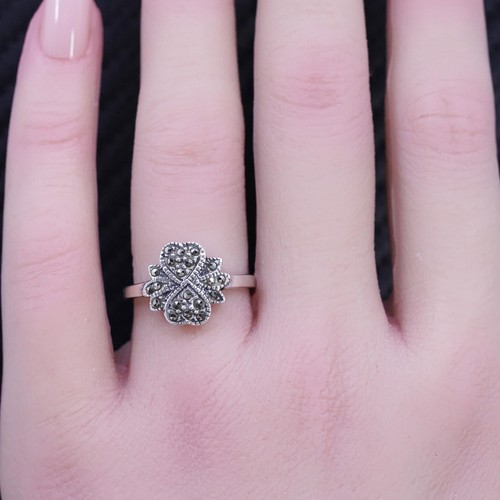 Size 7.5, vintage sterling silver 925 lucky clover ring with marcasite ...