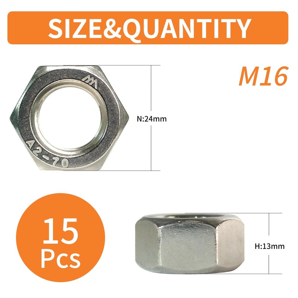 M16-2 Hex Nuts 15 PCS 304 Stainless Steel 18-8 Metric Coarse Thread DIN ...