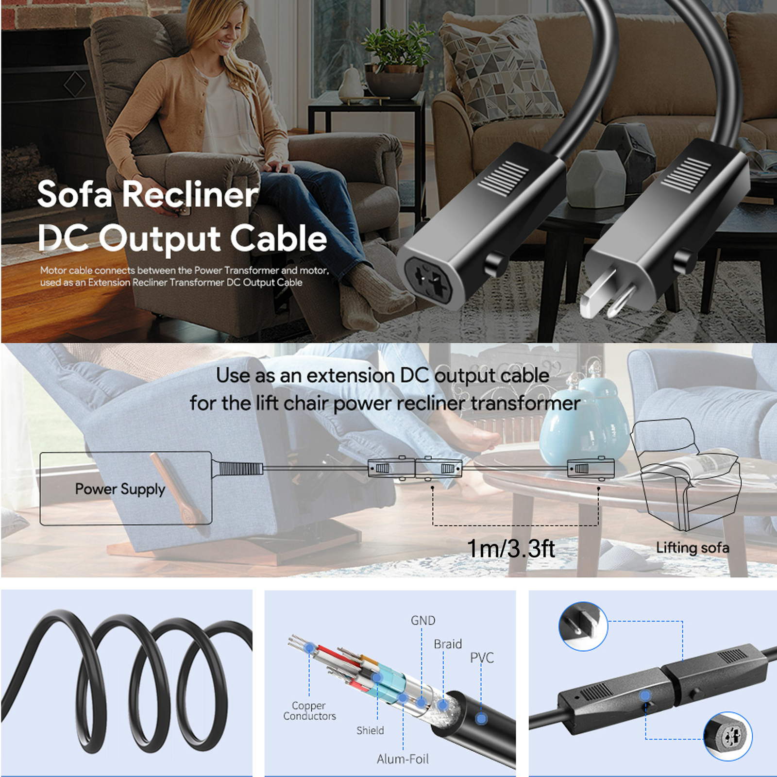 3ft Extension Power Cable Cord For Limoss ZB-H290020-B MC140-29V 2A ...