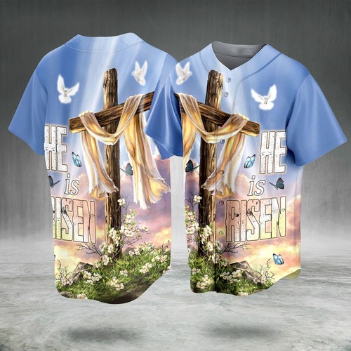 He Is Risen Cross Dove Easter Lily Christian AOP Baseball Jersey S-5XL ...