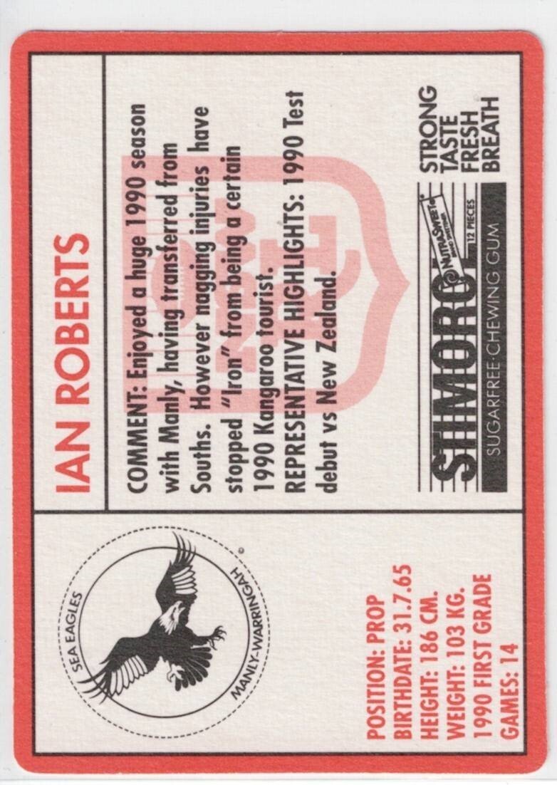 1991 STIMOROL Rugby League 41/210 - IAN ROBERTS - MANLY SEA EAGLES Exc ...
