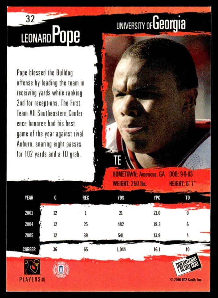 2006 Press Pass Leonard Pope Rookie Georgia Bulldogs #32 | eBay