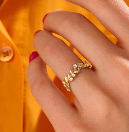 14K Yellow Gold Leaf Wedding Band Natural Diamond Women's Botanical ...