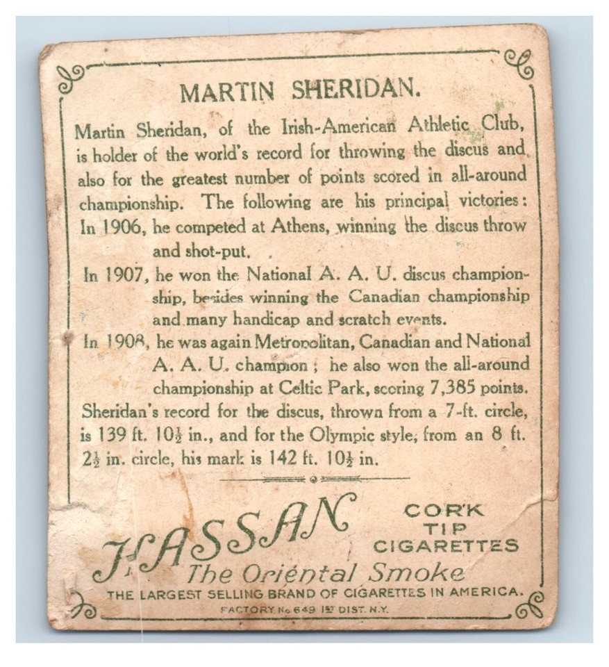 1909 Champion Martin Sheridan Hassan Sporting Cigarette Trade Card F174 ...