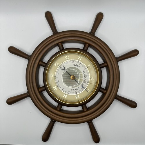 Vintage Brass Wooden Ship’s Wheel Wall Barometer Thermometer Nautical ...