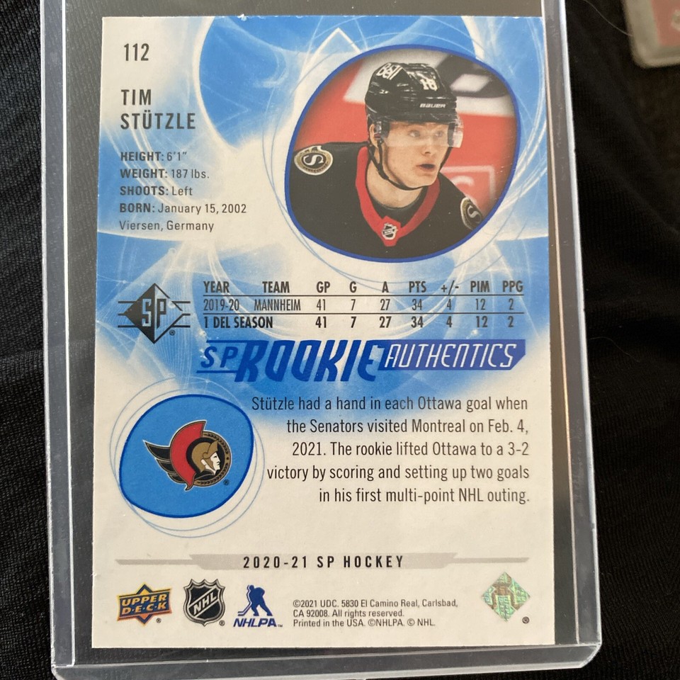 2020-21 Upper Deck SP Tim Stutzle Rookie Authentics Blue RC #112 ...