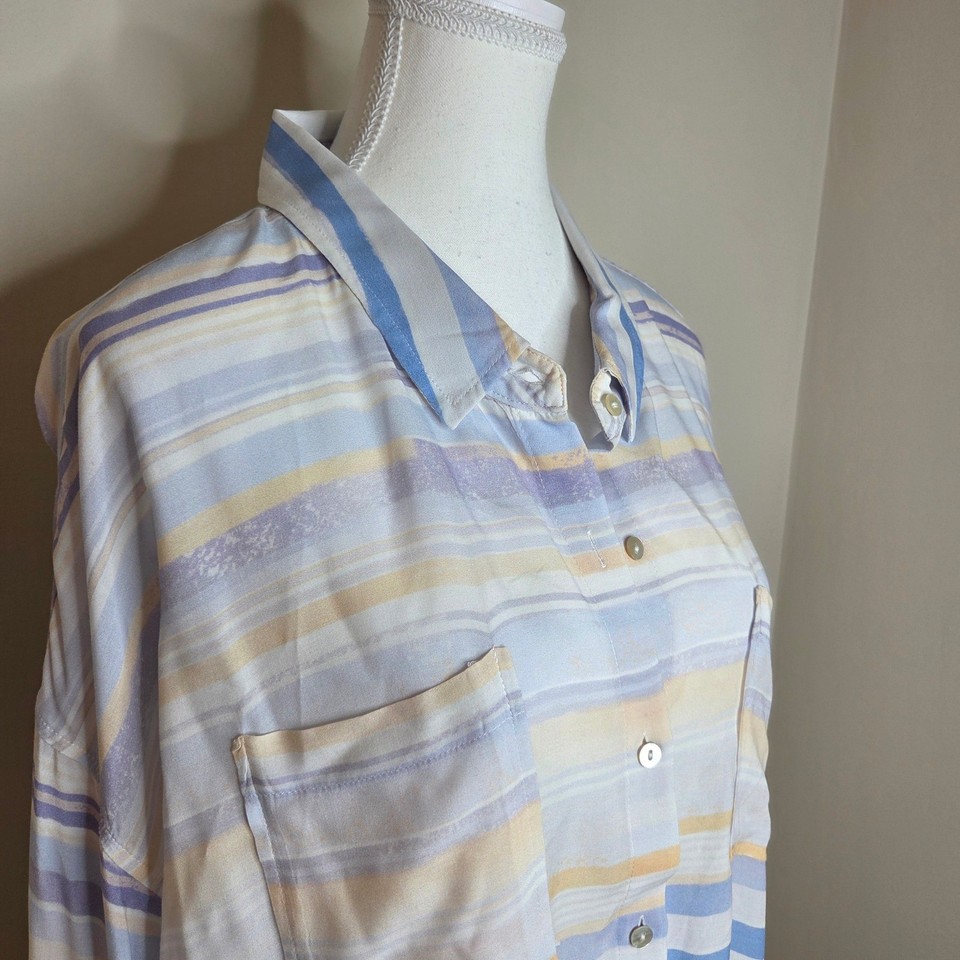 Dear John Blue Yellow Striped Button Up Shirt Rayon Coastal Grandmother ...