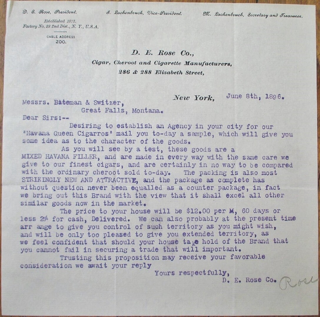 Cigar, Cheroot & Cigarettes 1896 Letterhead: D. E. Rose Co.-New York ...