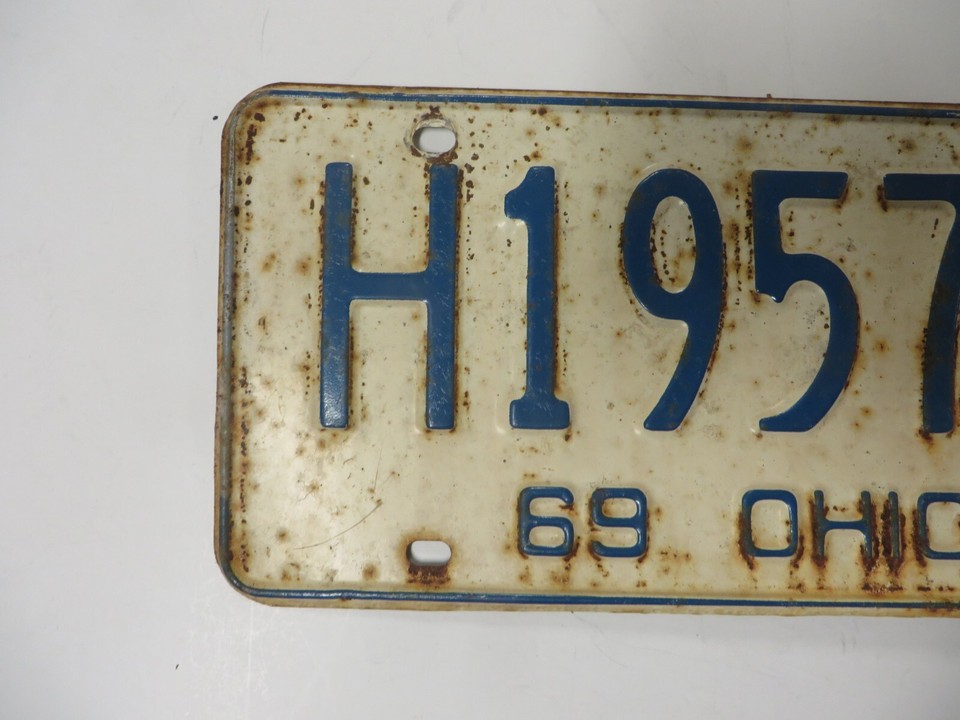 Vintage 1969 OHIO License Plate Tag #H1957P White w/ Blue Lettering | eBay