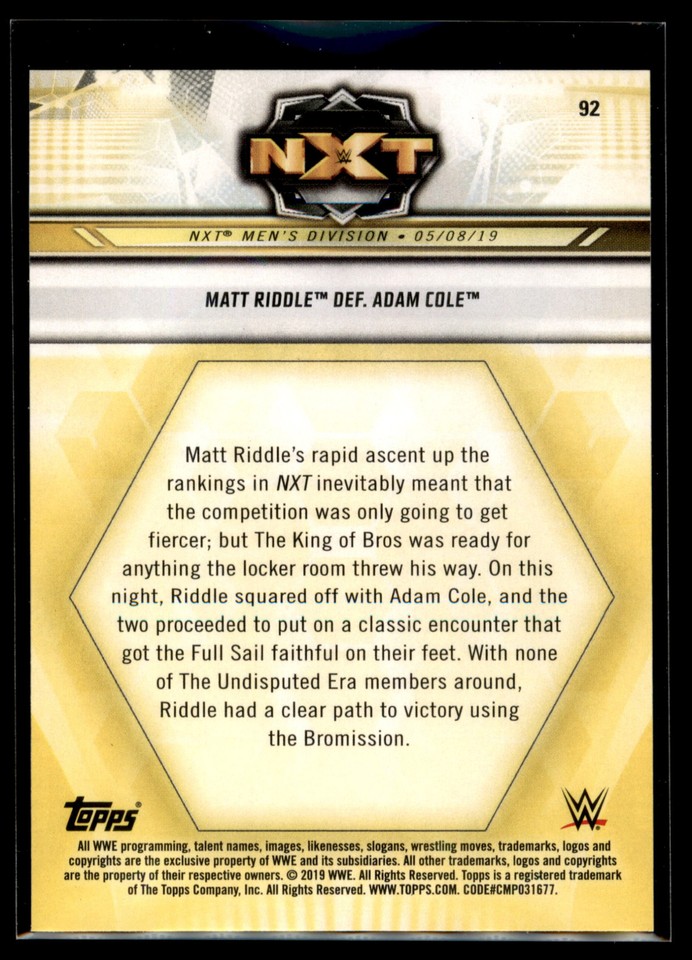 2019 Topps WWE Wrestling NXT BRONZE #92 Matt Riddle def Adam Cole | eBay