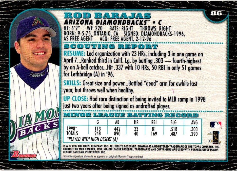 Signed 1999 Bowman Rod Barajas 86 Diamondbacks Autographs | eBay