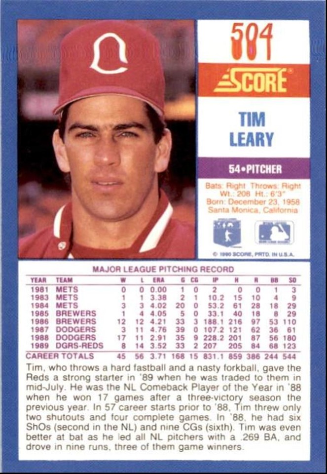 1990 Score Tim Leary Cincinnati Reds #504 | eBay
