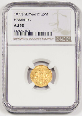 Germany Free City Hamburg 1877 J 5 Mark Gold Coin NGC AU58 AU+ German ...