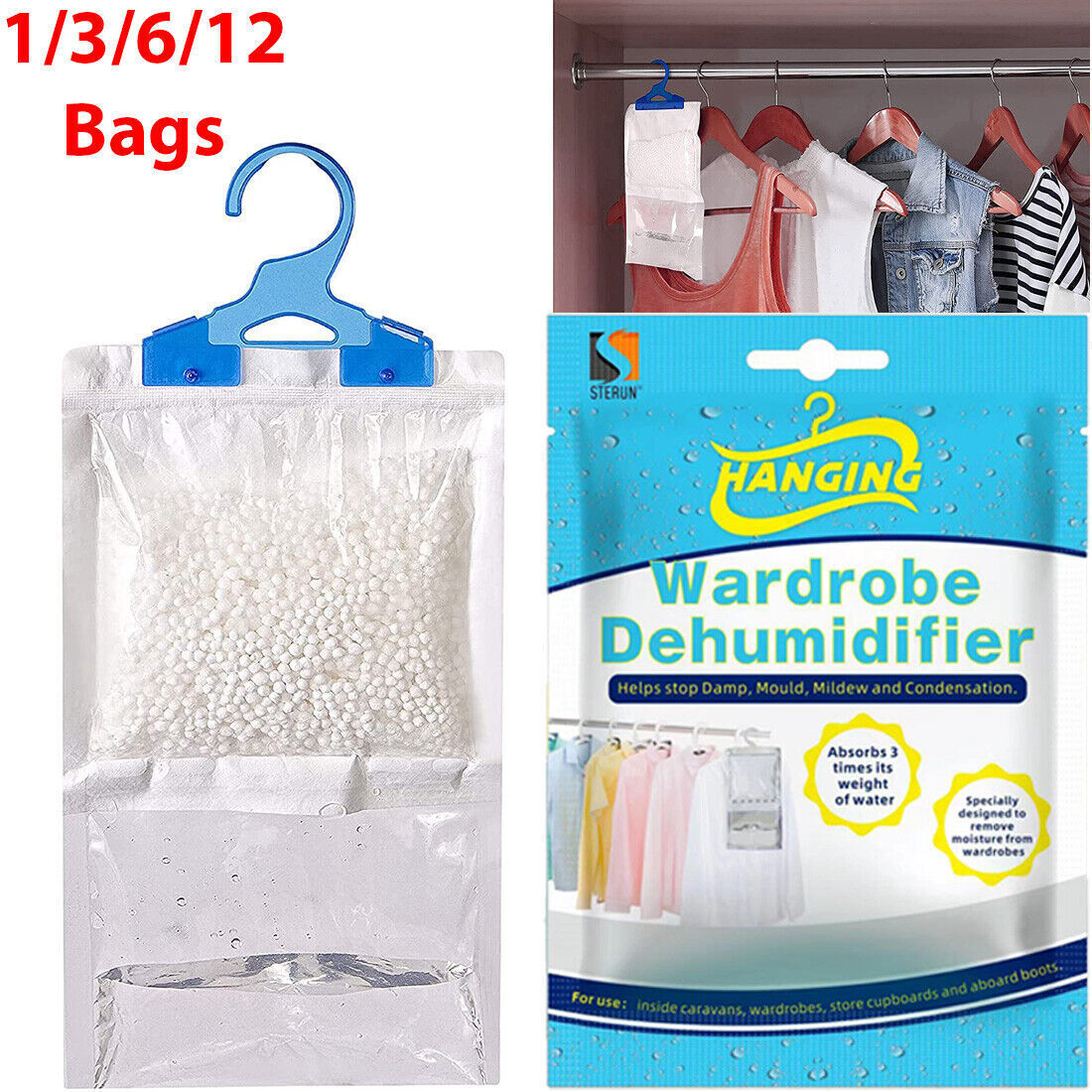 Hanging Wardrobe Dehumidifier x 1 - 24 Damp Mould Mildew Moisture ...