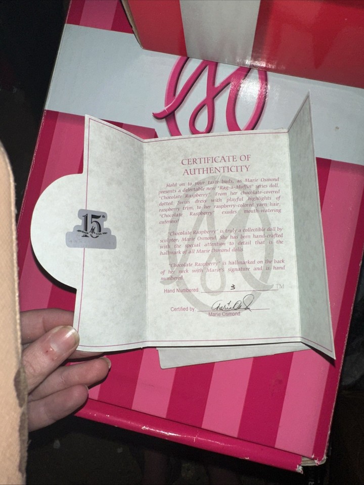 MARIE OSMOND PORCELAIN DOLL CHOCOLATE RASPBERRY RAG-A-MUFFIN 15TH ANNIV ...