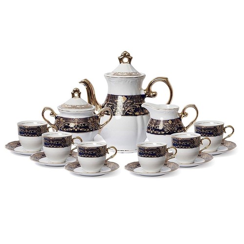 Euro Porcelain 17-pc Tea Set for 6 Flower Pattern Dark Cobalt Blue 24K ...