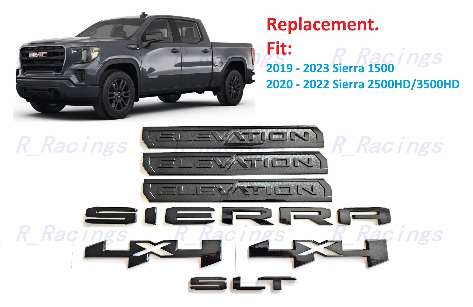 7PCS Gloss black Elevation 4x4 Sierra SLT Emblem 2019+ Sierra 1500 ...