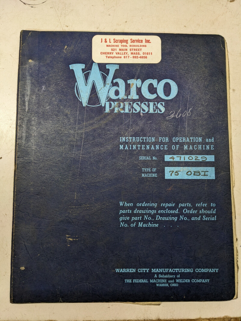WARCO PRESSES INSTRUCTION OPERATION MAINTENANCE MANUAL 75 OBI WARREN ...