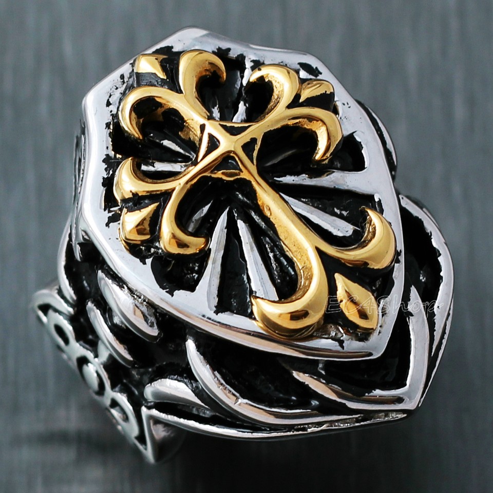 Retro Classic Men's Gold Cross Knight Silver Shield 316L Stainless ...