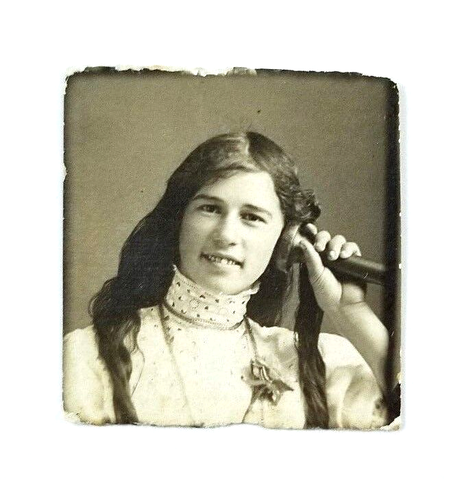 Antique Ping Pong Photo Young Woman Long Hair Holding Telephone To Ear ...