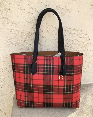 NWT Coach Highline Plaid Print Coated Canvas Tote Bag- Red (CF232 ...