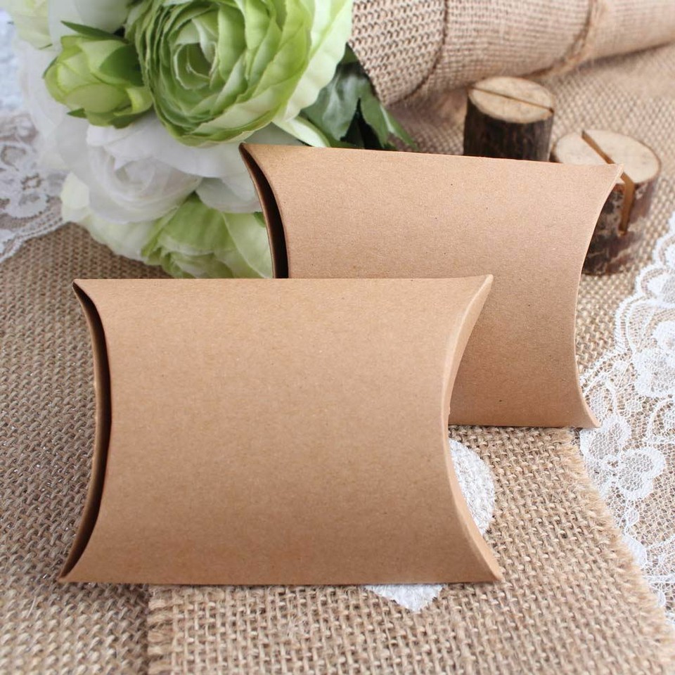 100x Wedding Candy Box Paper Kraft Gift Boxes Pillow Shape Bag Event ...
