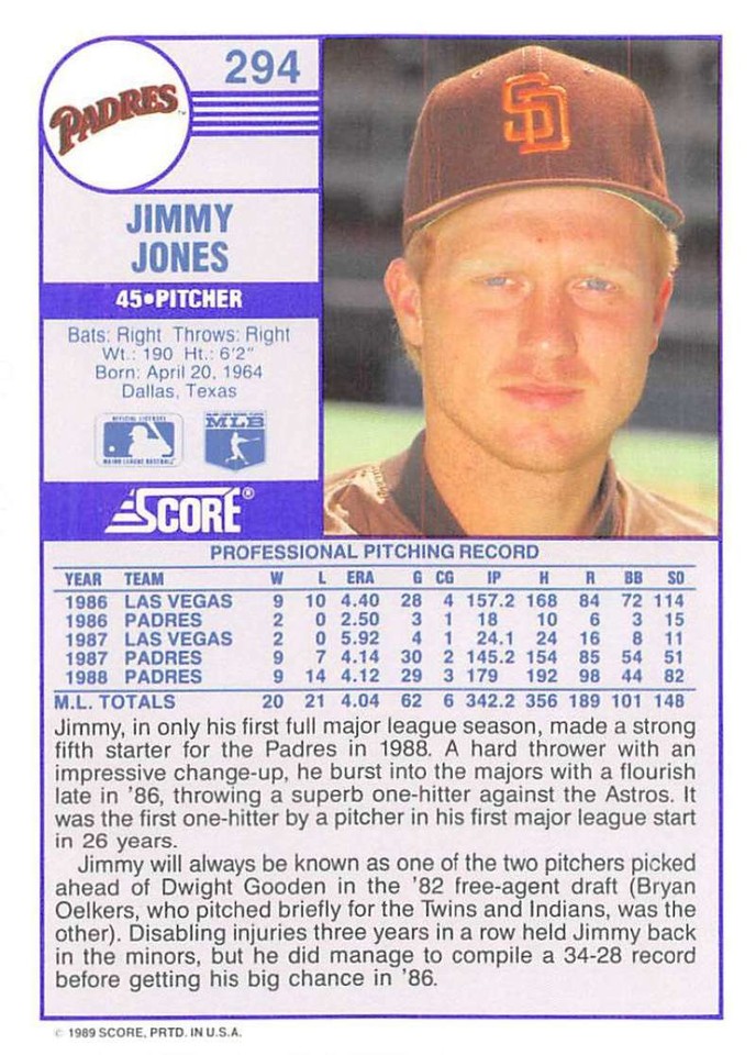 1989 Score #294 Jimmy Jones NM-MT Padres | eBay