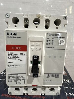 Eaton Circuit Breaker FD3020 (BP10) 3 Pole 20 Amp 600 Volt | eBay