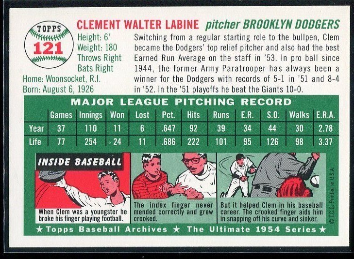 1954 Topps Archive Baseball Clem Labine #121 Brooklyn Dodgers | eBay