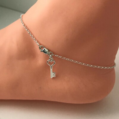 Sterling Silver Anklet Key Charm Ankle Chain 18th 21st Gift for Women ...