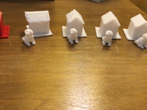 3D printed O Scale Dog with doghouse. Red or white filament. 4 in set ...