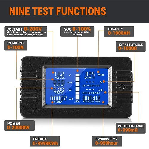 DC 9 in 1 Battery Monitor Meter with Shunt, 0-200V 0-100A LCD Display ...