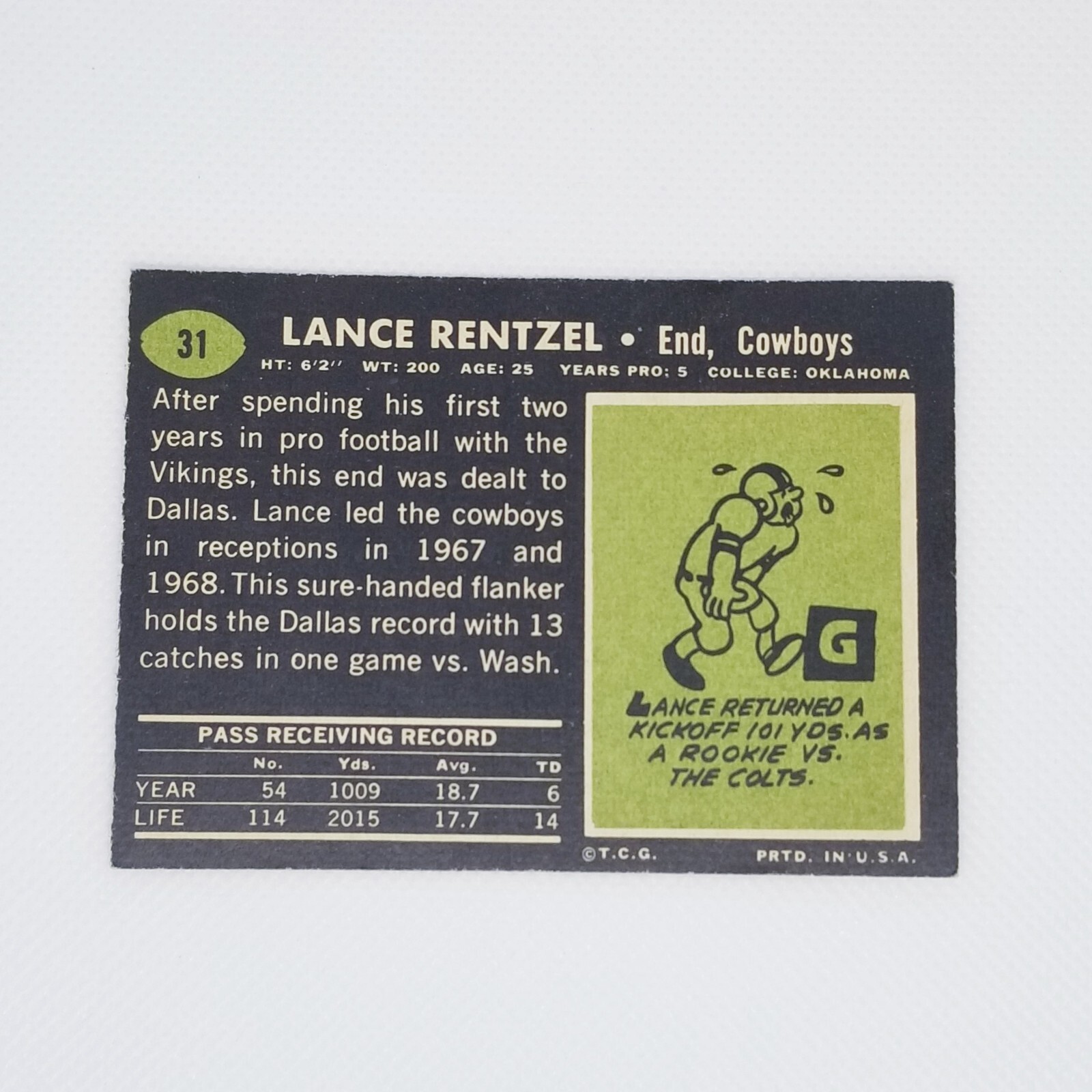 1969 Topps #31 Lance Rentzel Rookie End Dallas Cowboys NFL Football ...