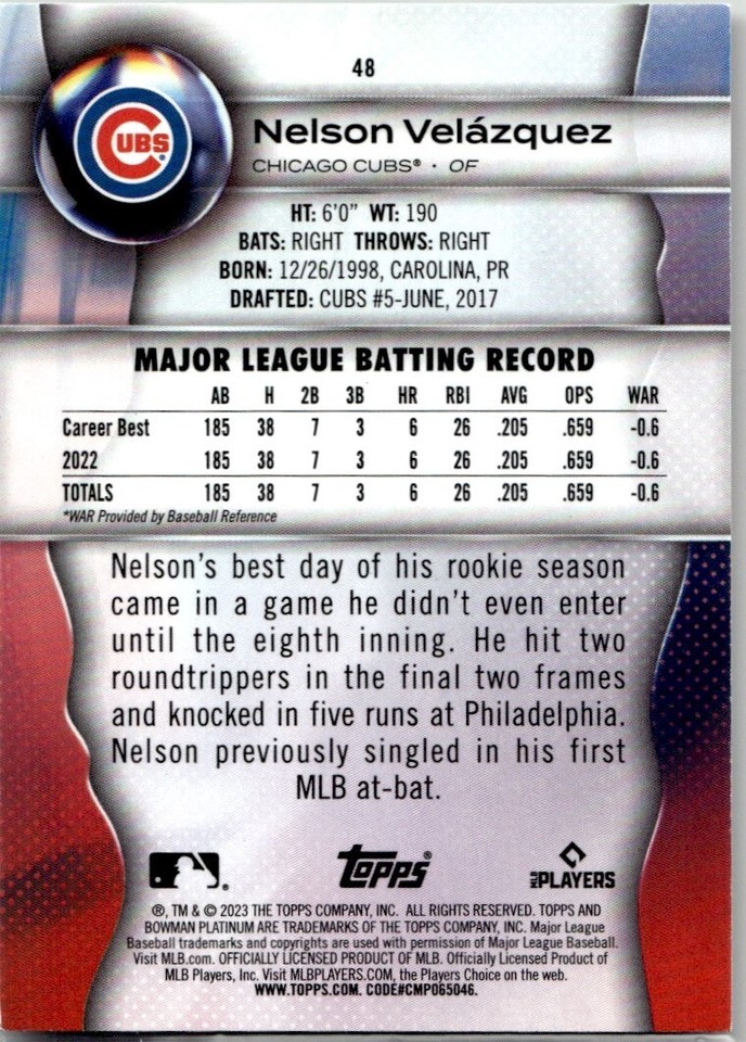 2023 Bowman Platinum Emerald Ice Foil Nelson Velázquez Rookie 014/299 Chicago | eBay