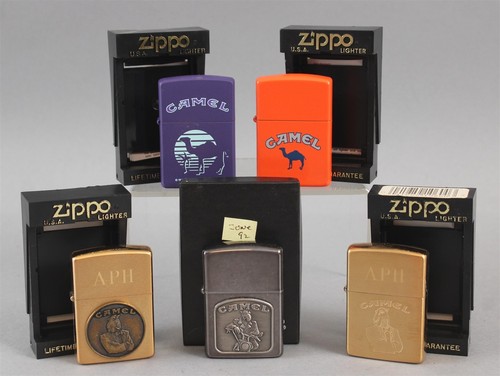 5 UNUSED Vintage Brass Chrome & Enameled CAMEL Cigarette ZIPPO Lighters ...