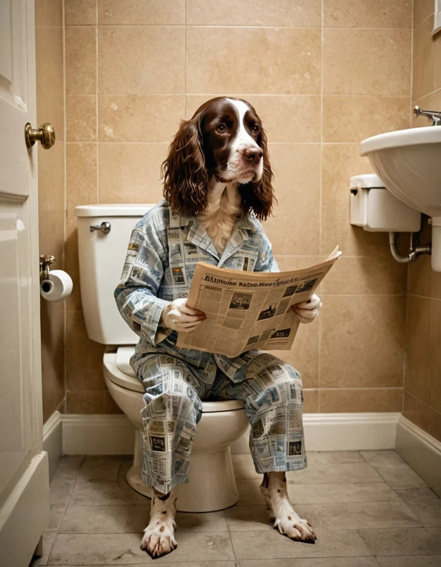 Funny Springer Spaniel sat on toilet reading newspaper metal wall sign ...