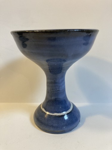 Hand-made blue glaze pottery goblet shallow cup white band signed '02 ...
