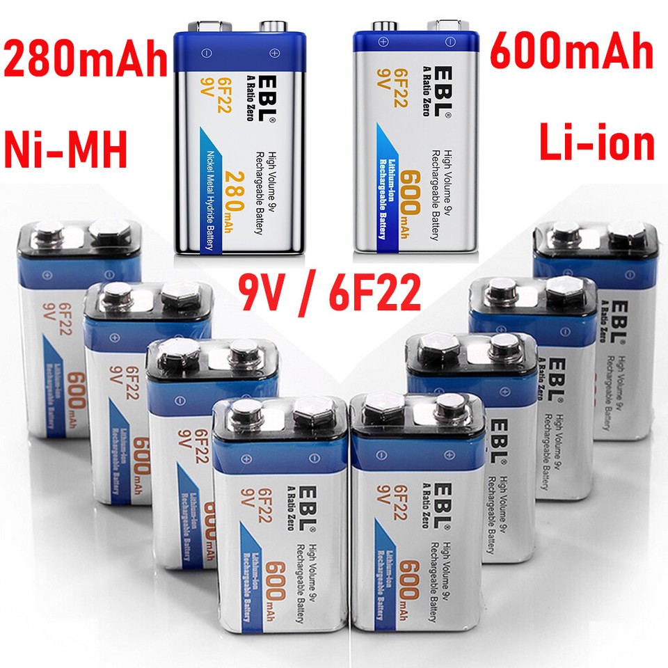 EBL 9V Rechargeable Lithium Batteries 9 Volt Battery 600mAh 9V Battery ...