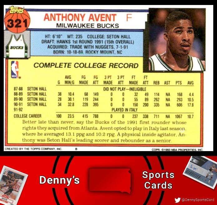 1992 Topps #321 Anthony Avent Milwaukee Bucks Basketball Card | eBay
